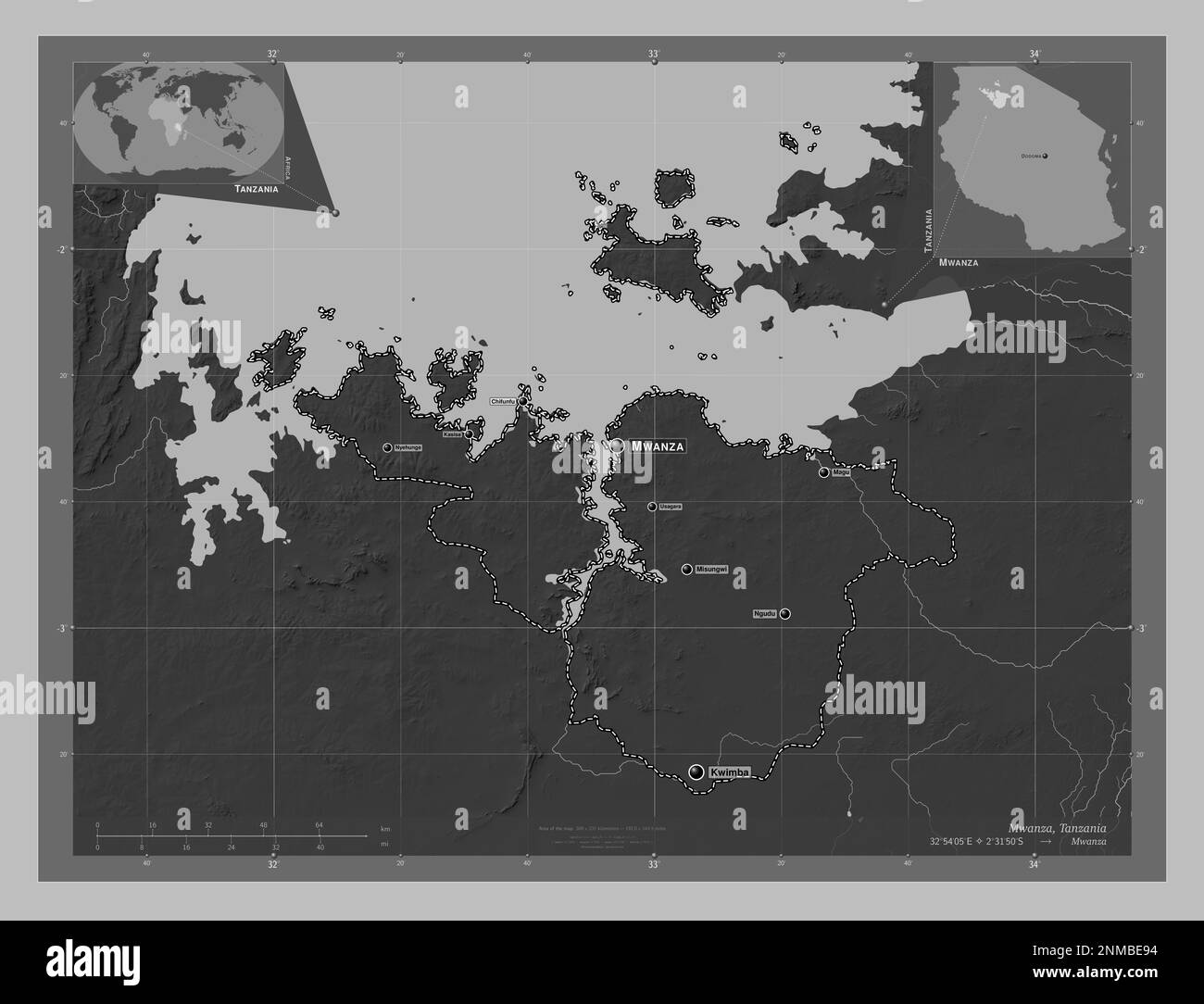 Mwanza, region of Tanzania. Grayscale elevation map with lakes and ...