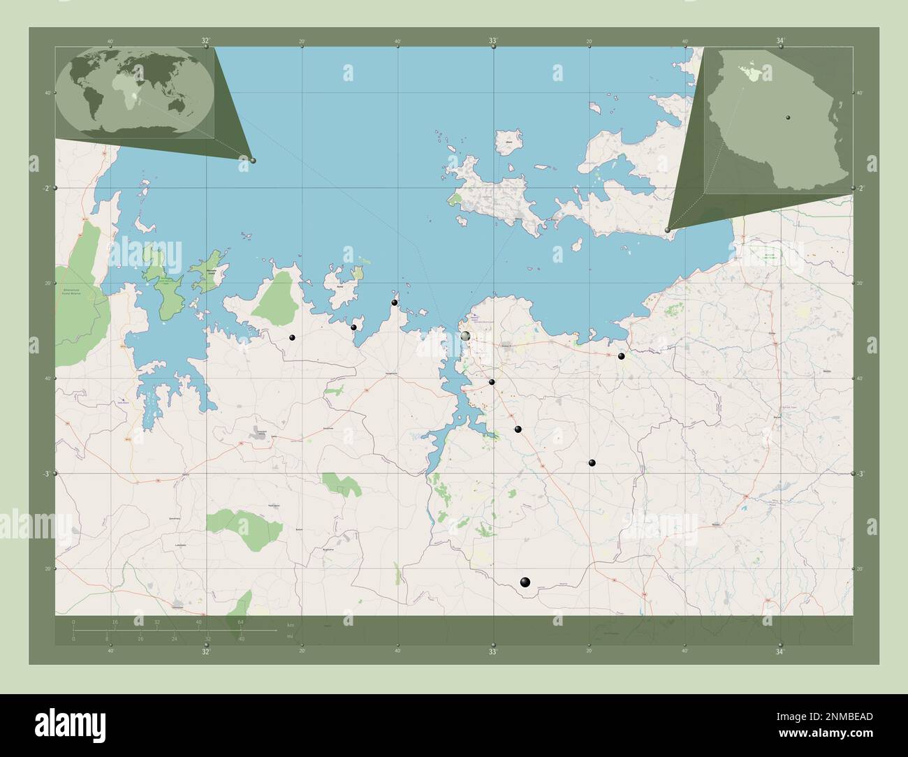 Mwanza, region of Tanzania. Open Street Map. Locations of major cities ...