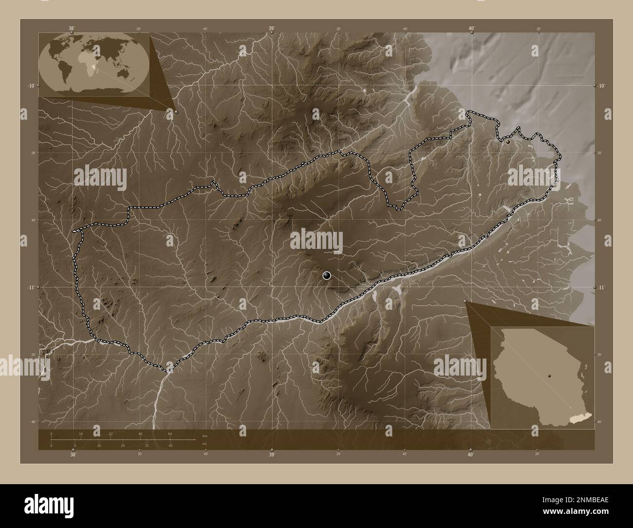Mtwara, region of Tanzania. Elevation map colored in sepia tones with ...