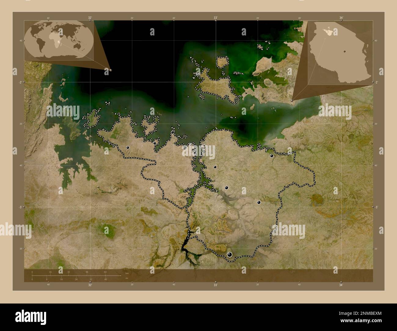 Mwanza, region of Tanzania. Low resolution satellite map. Locations of ...
