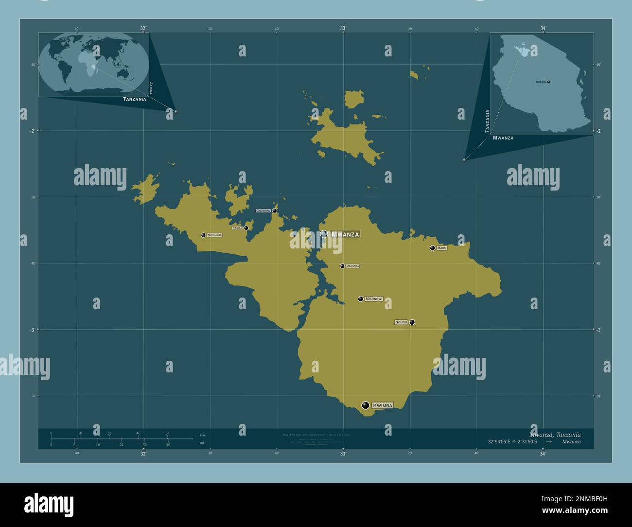 Mwanza, region of Tanzania. Solid color shape. Locations and names of ...