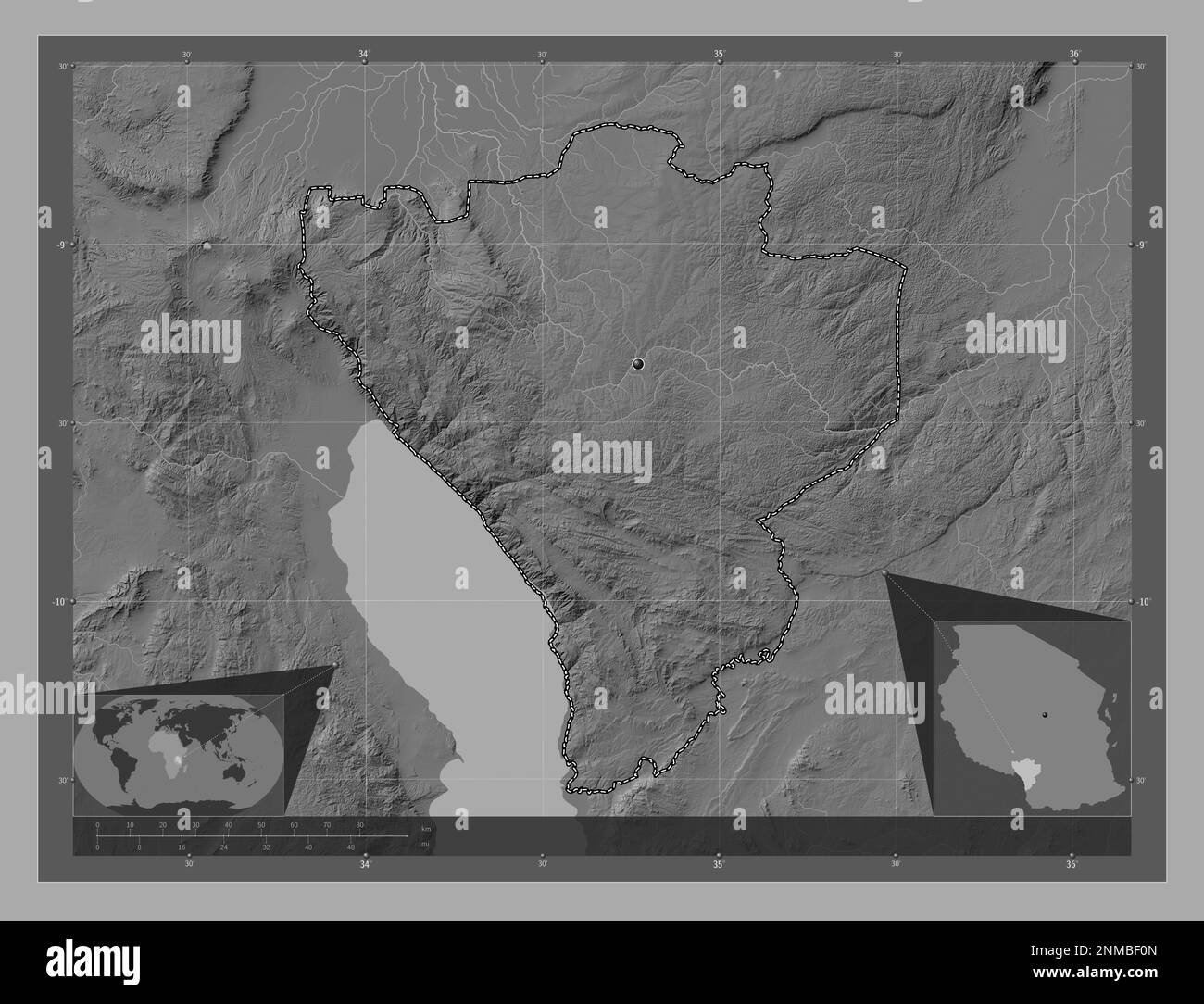 Njombe, region of Tanzania. Bilevel elevation map with lakes and rivers ...
