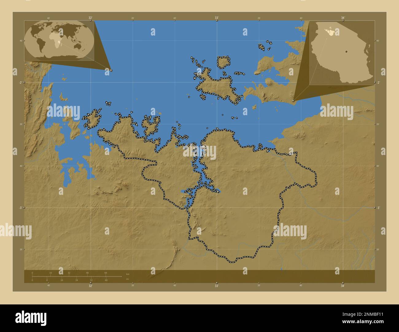 Mwanza, region of Tanzania. Colored elevation map with lakes and rivers ...