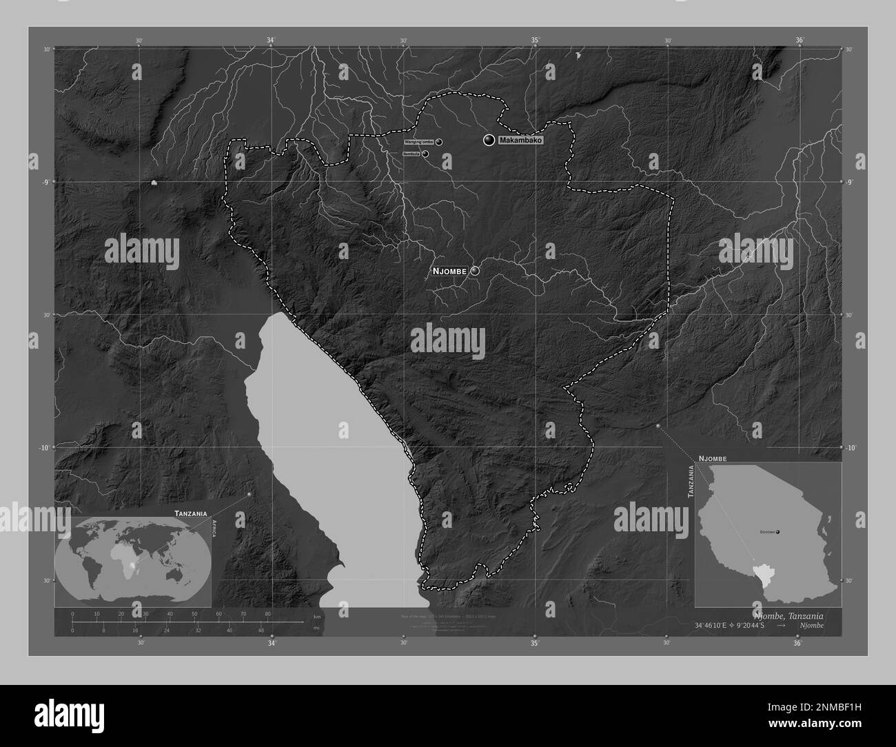 Njombe, region of Tanzania. Grayscale elevation map with lakes and ...