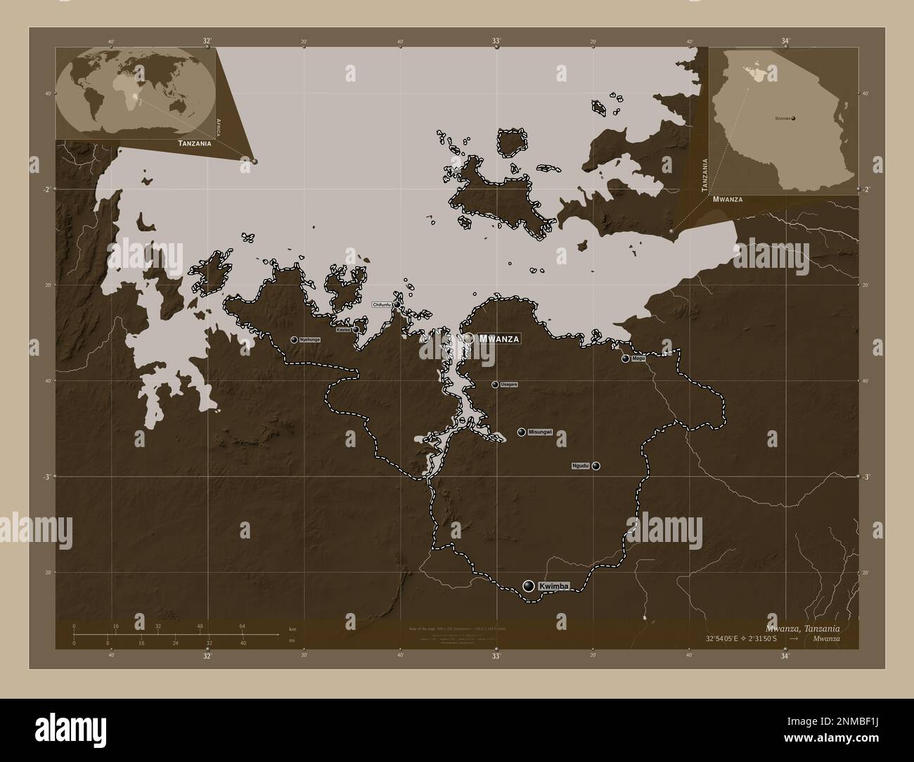 Mwanza, region of Tanzania. Elevation map colored in sepia tones with ...