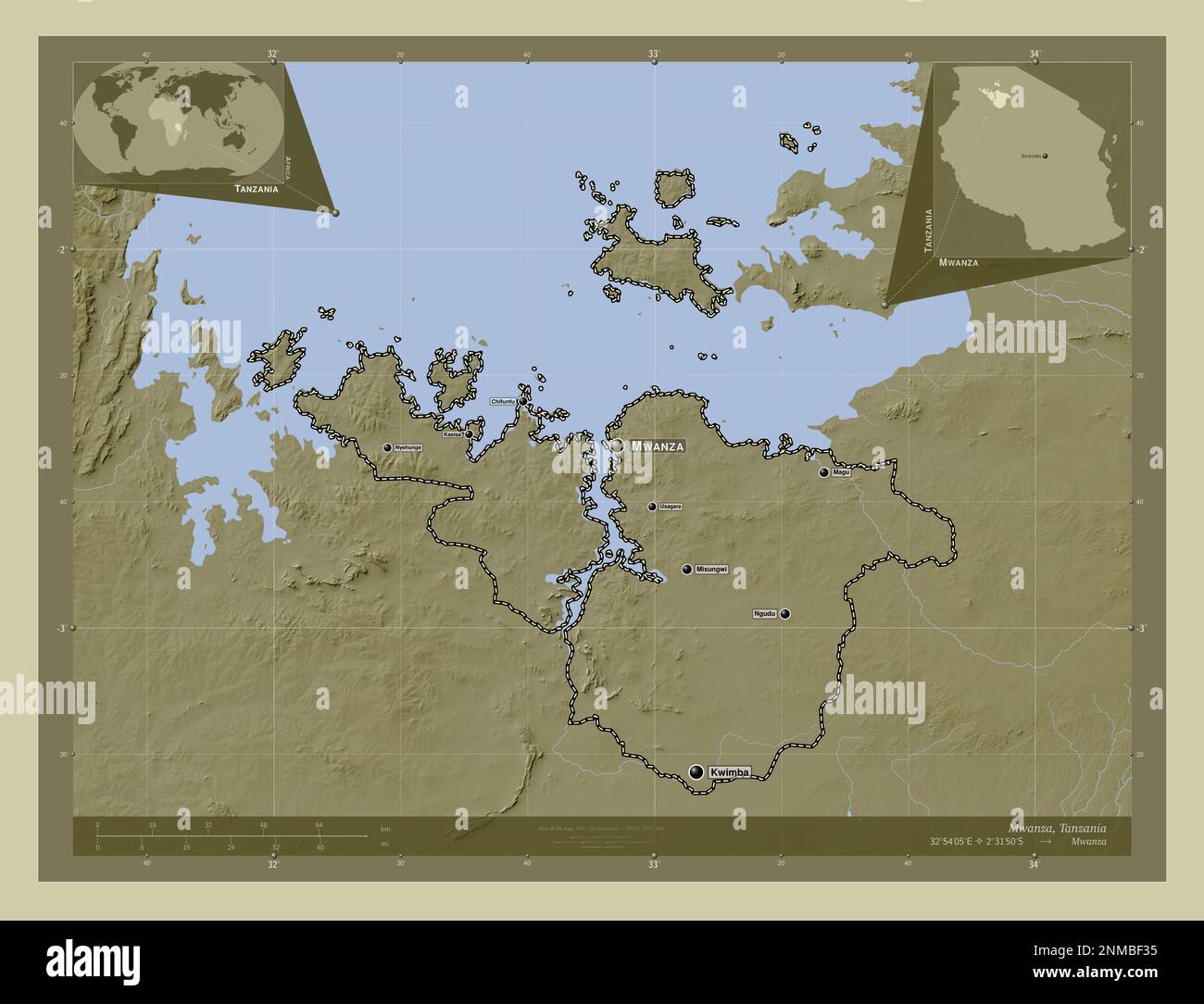 Mwanza, region of Tanzania. Elevation map colored in wiki style with ...