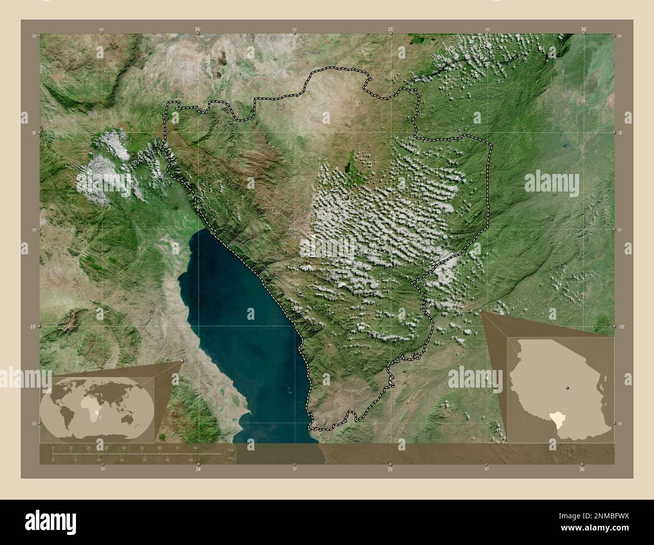 Njombe, region of Tanzania. High resolution satellite map. Corner ...