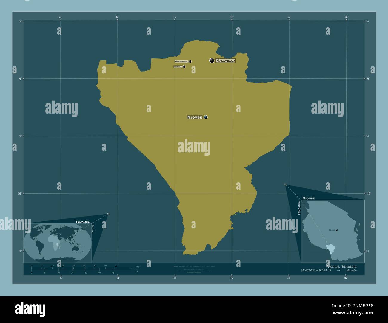 Njombe, region of Tanzania. Solid color shape. Locations and names of ...