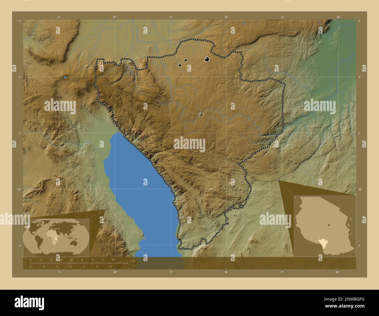 Njombe, region of Tanzania. Colored elevation map with lakes and rivers ...