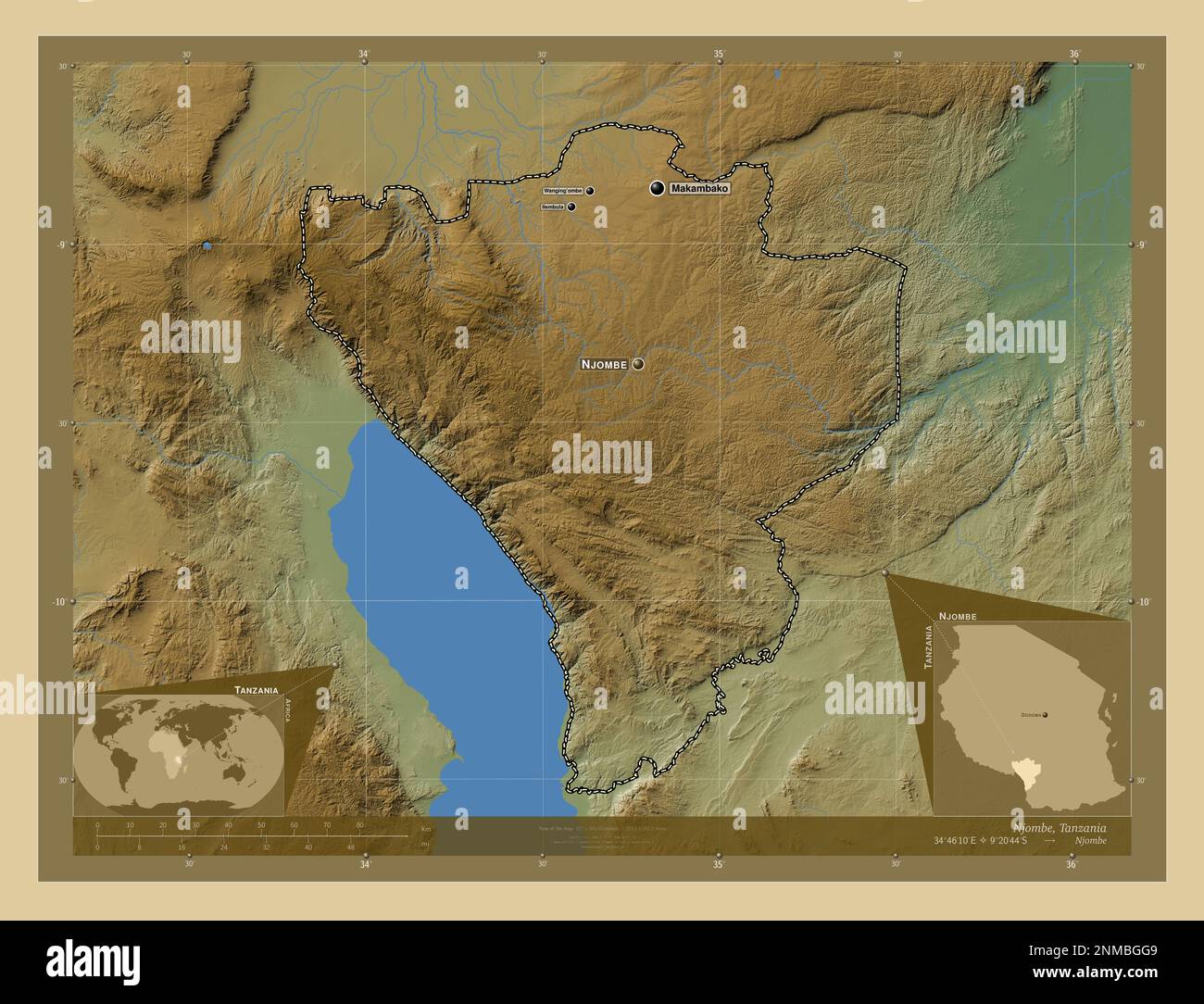 Njombe, region of Tanzania. Colored elevation map with lakes and rivers ...