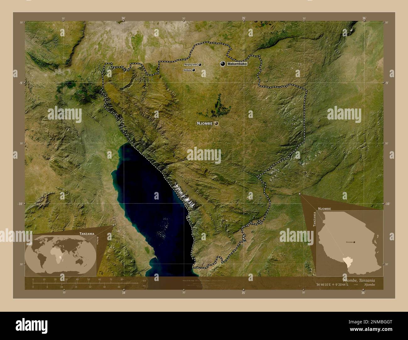 Njombe, region of Tanzania. Low resolution satellite map. Locations and ...