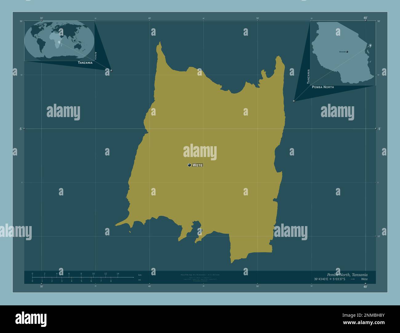 Pemba North, region of Tanzania. Solid color shape. Locations and names ...