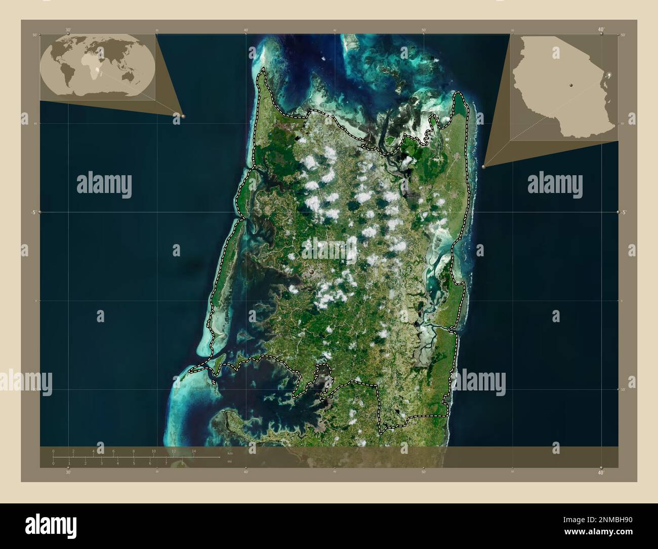 Pemba North, region of Tanzania. High resolution satellite map. Corner ...