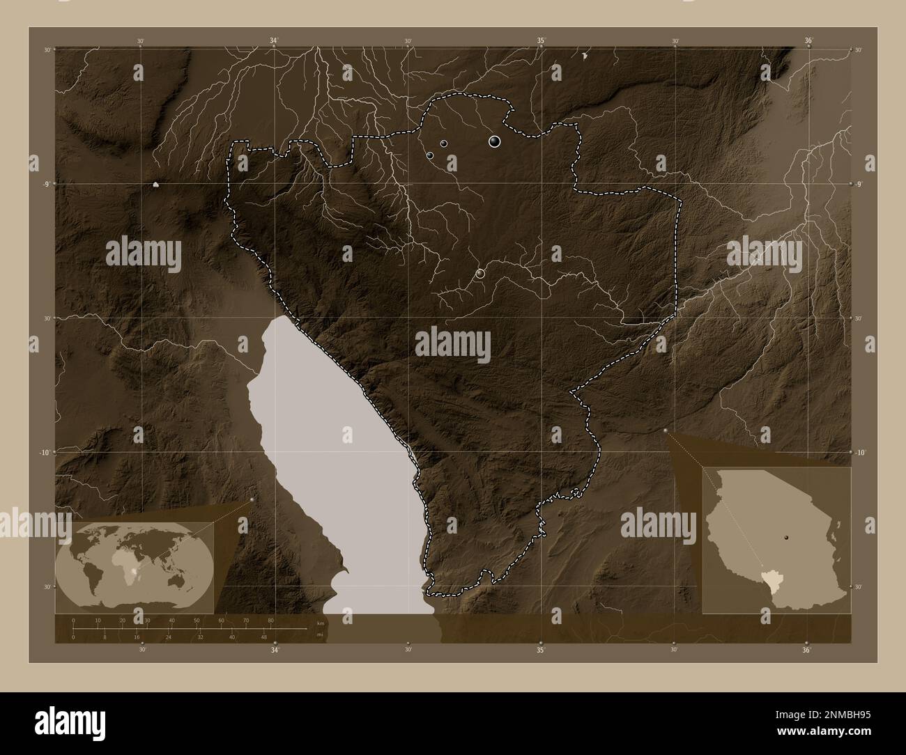 Njombe, region of Tanzania. Elevation map colored in sepia tones with ...
