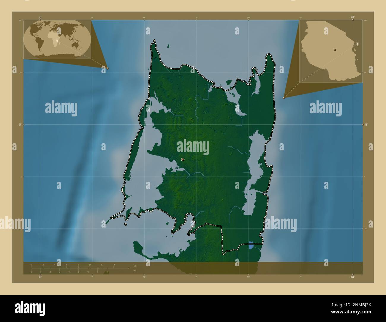 Pemba North, region of Tanzania. Colored elevation map with lakes and ...