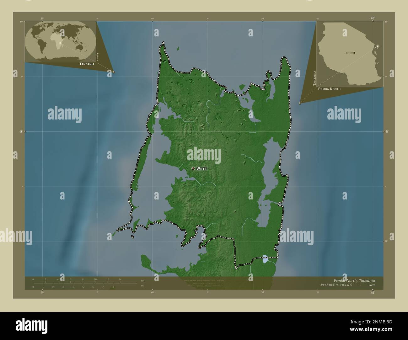 Pemba North, region of Tanzania. Elevation map colored in wiki style ...