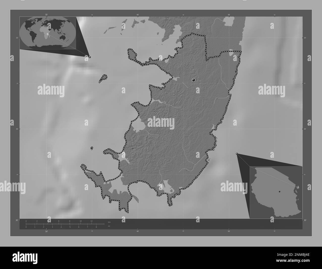 Pemba South, region of Tanzania. Bilevel elevation map with lakes and ...