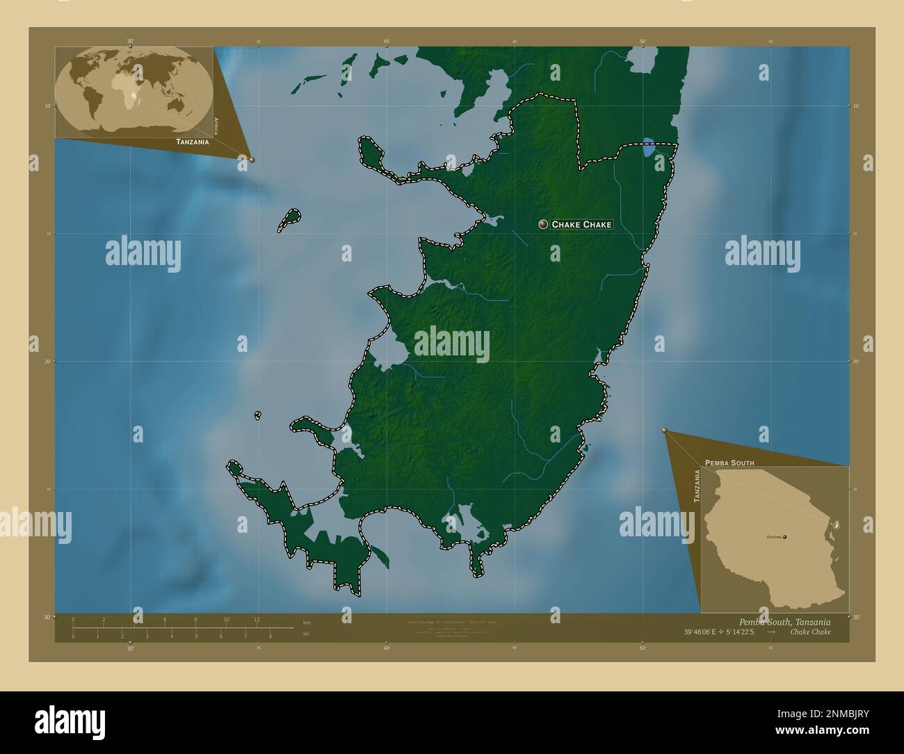 Pemba South, region of Tanzania. Colored elevation map with lakes and ...