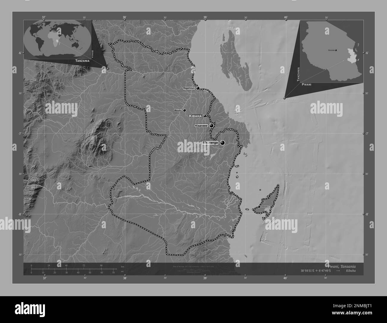 Pwani, region of Tanzania. Bilevel elevation map with lakes and rivers ...