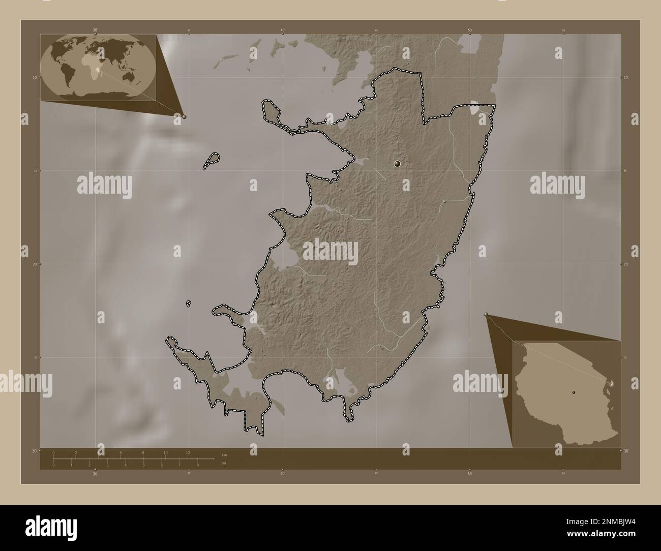 Pemba South, region of Tanzania. Elevation map colored in sepia tones ...