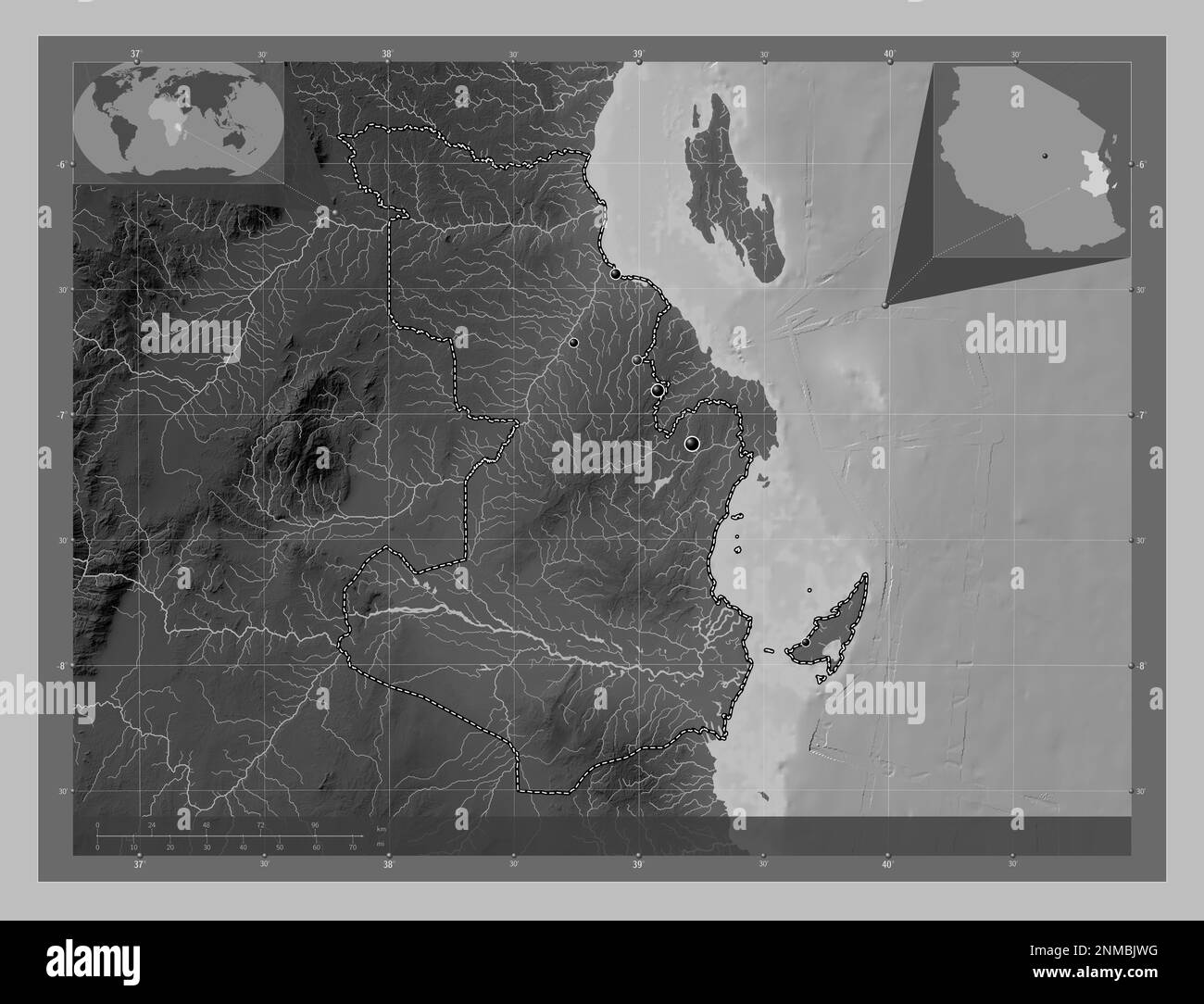 Pwani, region of Tanzania. Grayscale elevation map with lakes and ...
