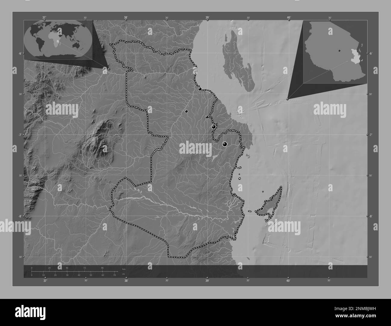 Pwani, region of Tanzania. Bilevel elevation map with lakes and rivers ...