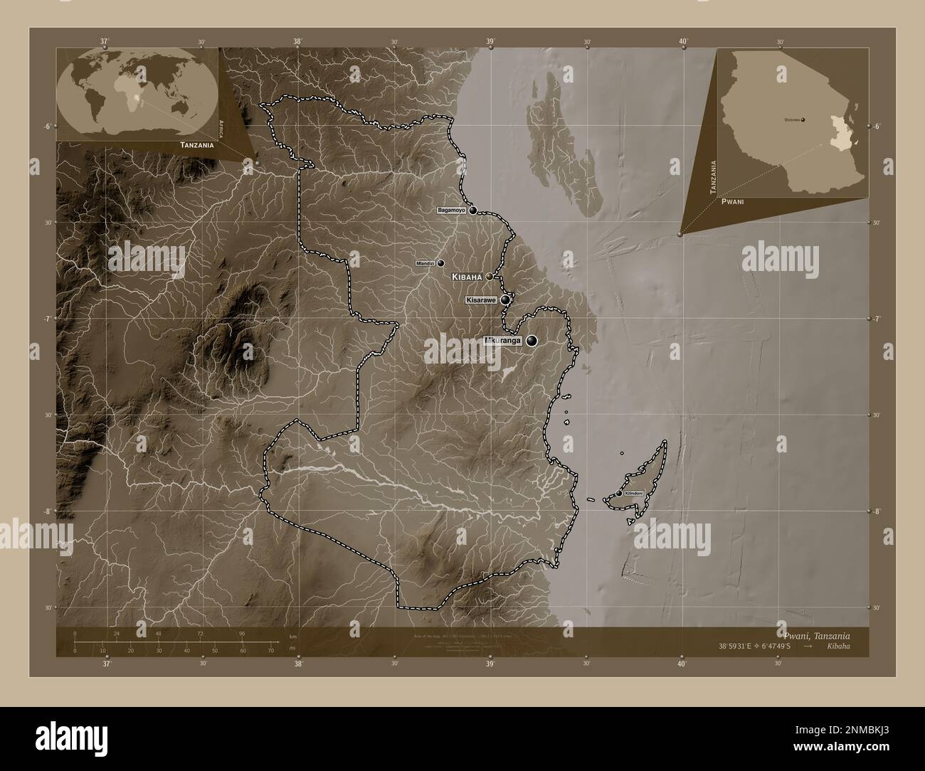 Pwani, region of Tanzania. Elevation map colored in sepia tones with ...