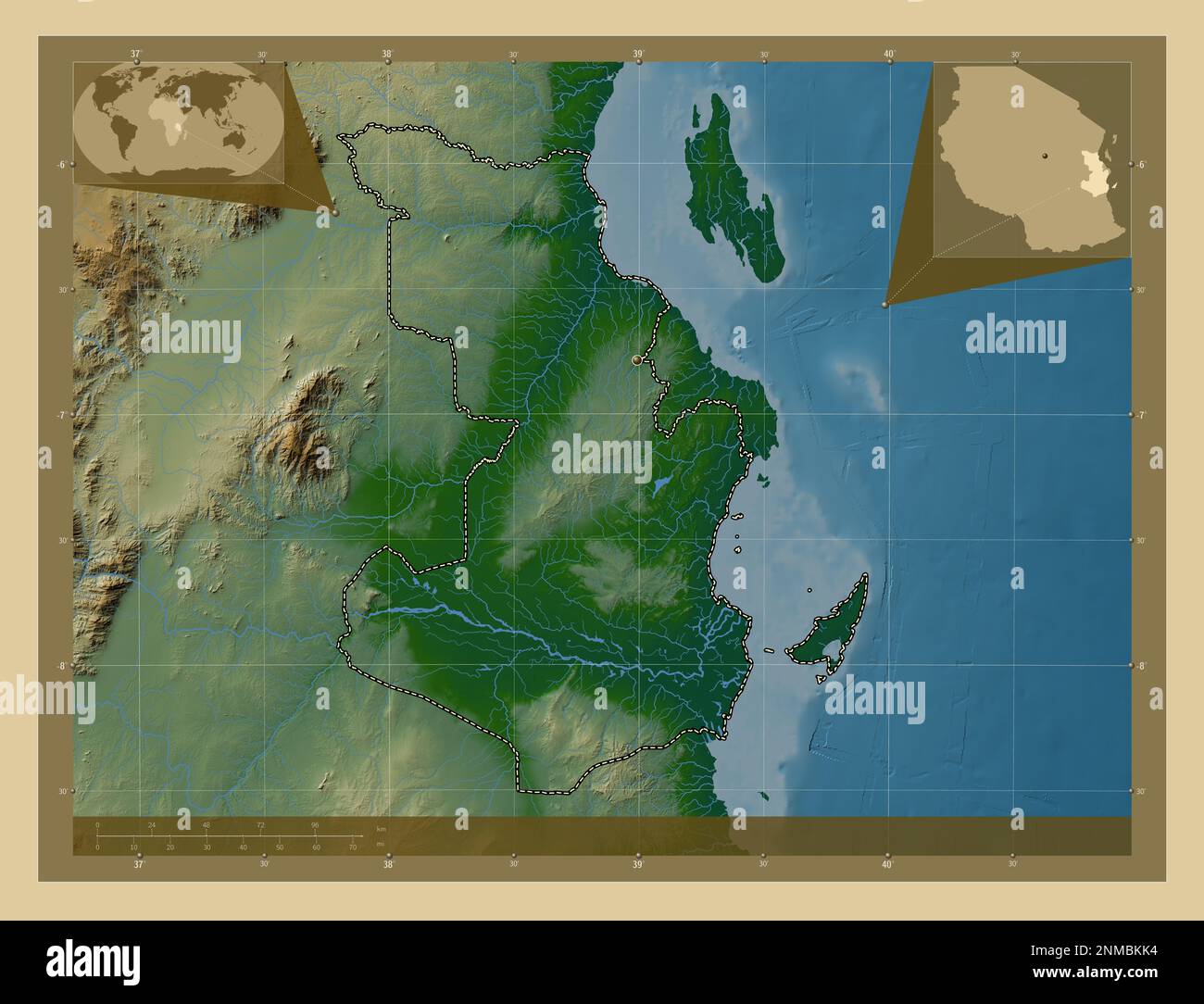Pwani, region of Tanzania. Colored elevation map with lakes and rivers ...