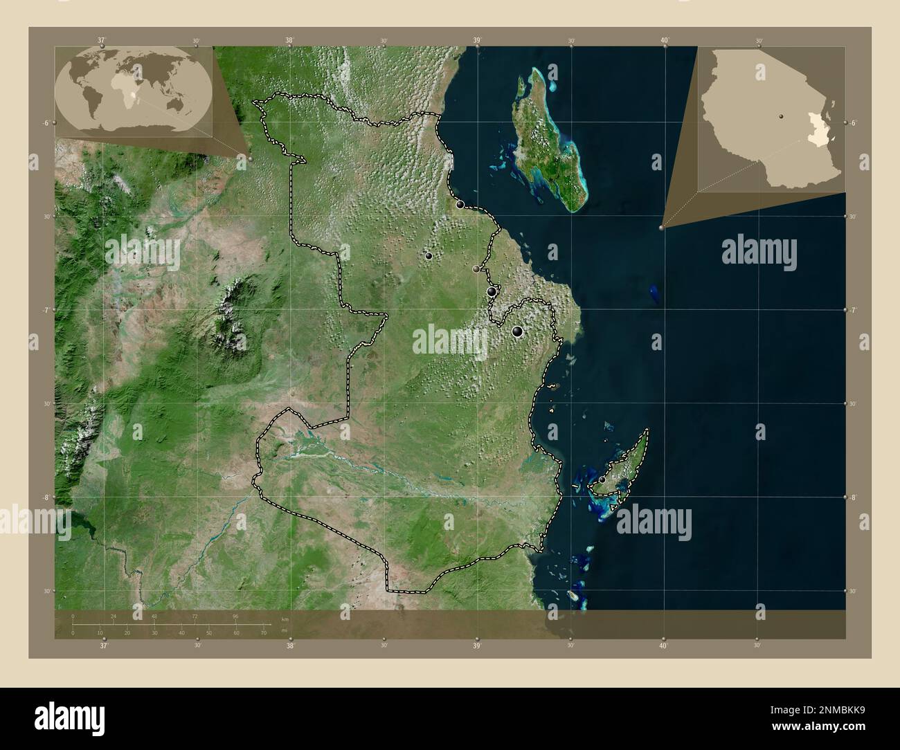 Pwani, region of Tanzania. High resolution satellite map. Locations of ...