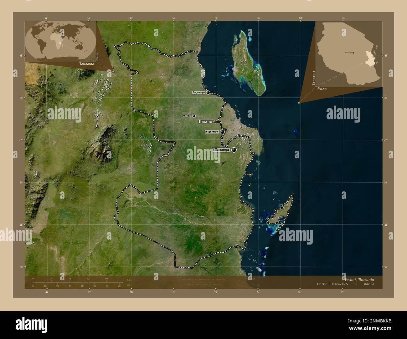 Pwani, region of Tanzania. Low resolution satellite map. Locations and ...