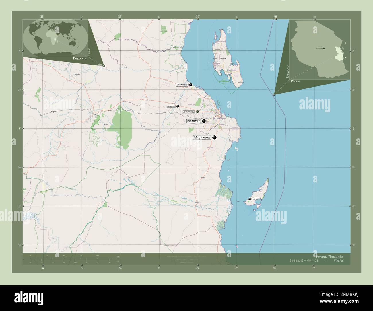 Pwani, region of Tanzania. Open Street Map. Locations and names of ...