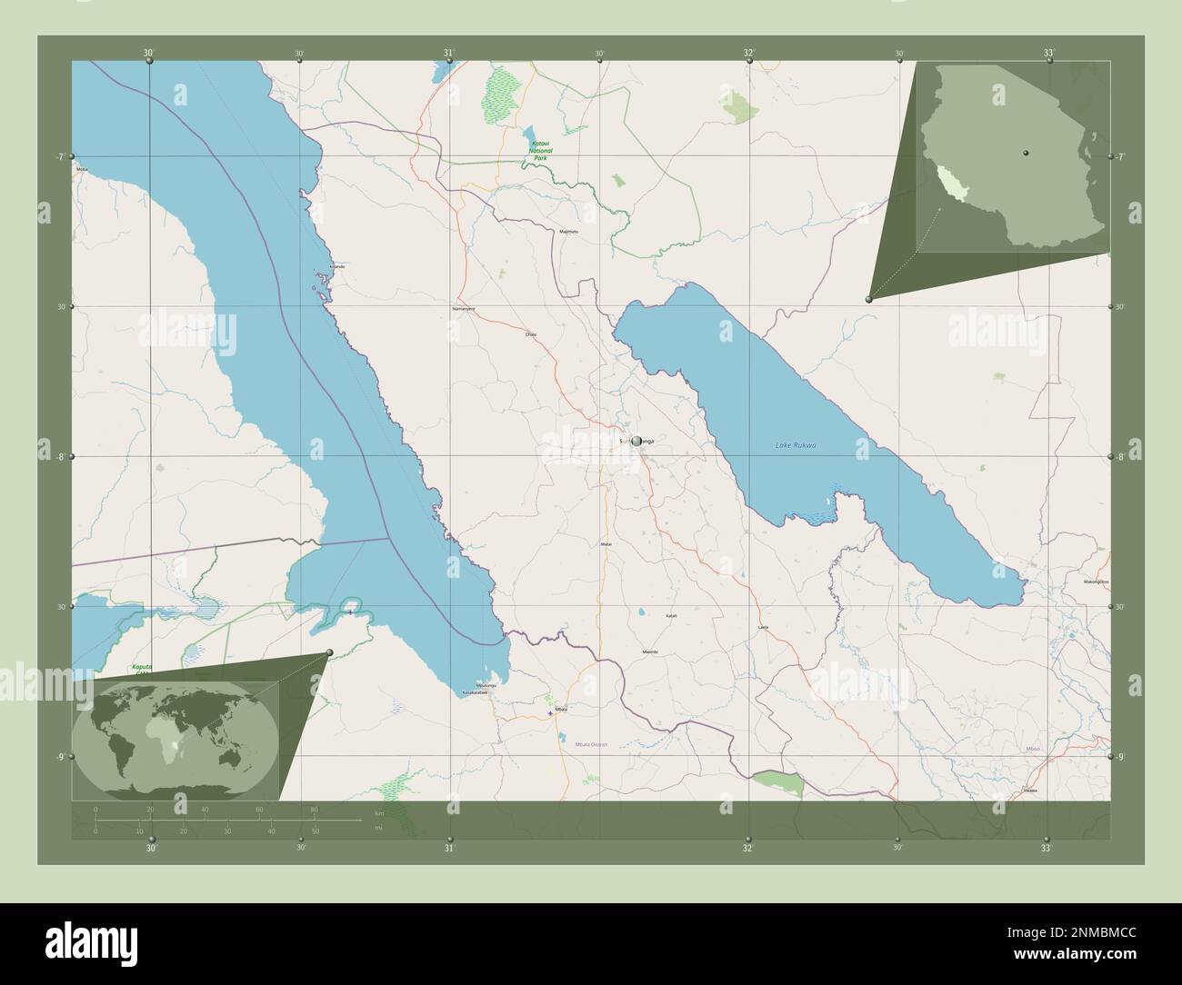 Rukwa, region of Tanzania. Open Street Map. Locations of major cities ...