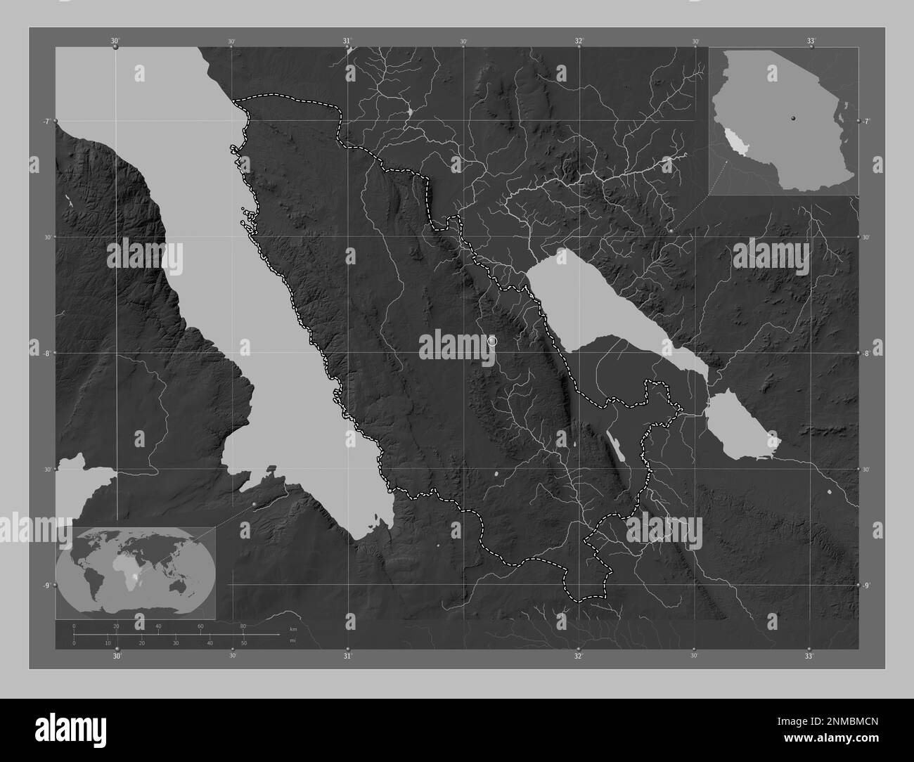 Rukwa, region of Tanzania. Grayscale elevation map with lakes and ...