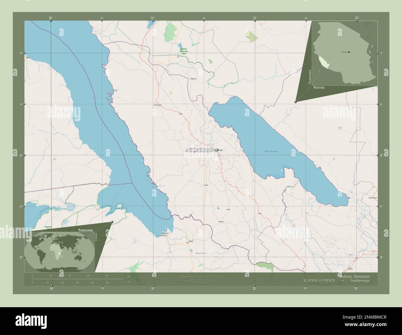 Rukwa, region of Tanzania. Open Street Map. Locations and names of ...