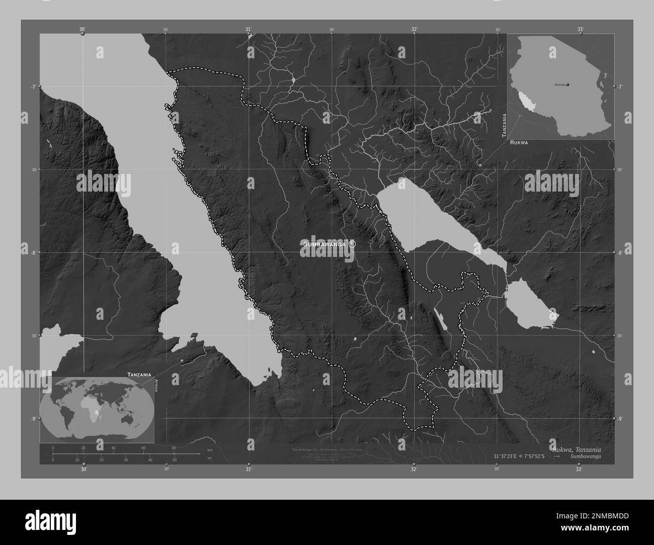 Rukwa, region of Tanzania. Grayscale elevation map with lakes and ...
