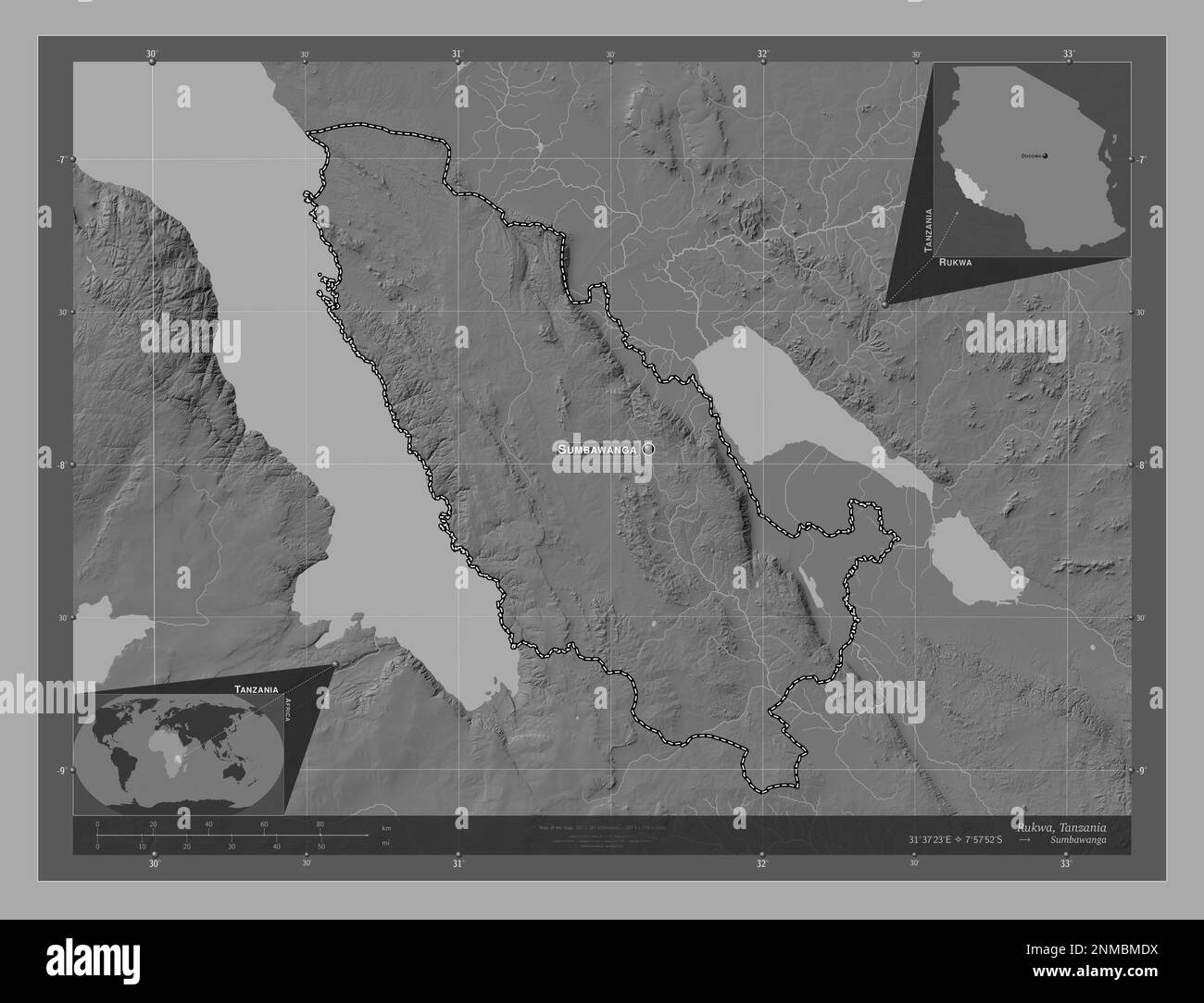 Rukwa, region of Tanzania. Bilevel elevation map with lakes and rivers ...