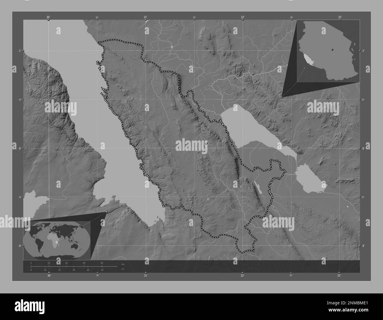 Rukwa, region of Tanzania. Bilevel elevation map with lakes and rivers ...