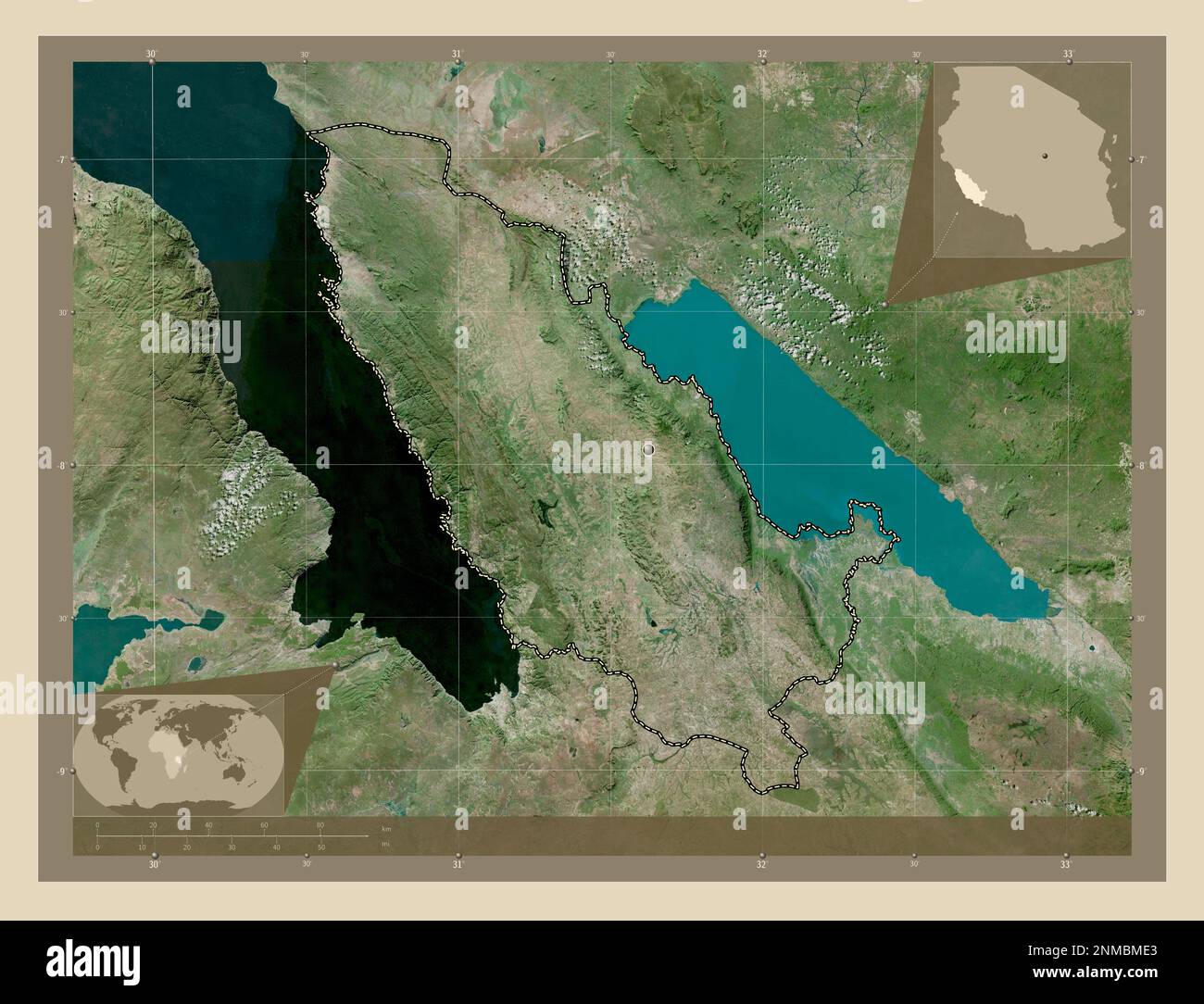 Rukwa, region of Tanzania. High resolution satellite map. Locations of ...