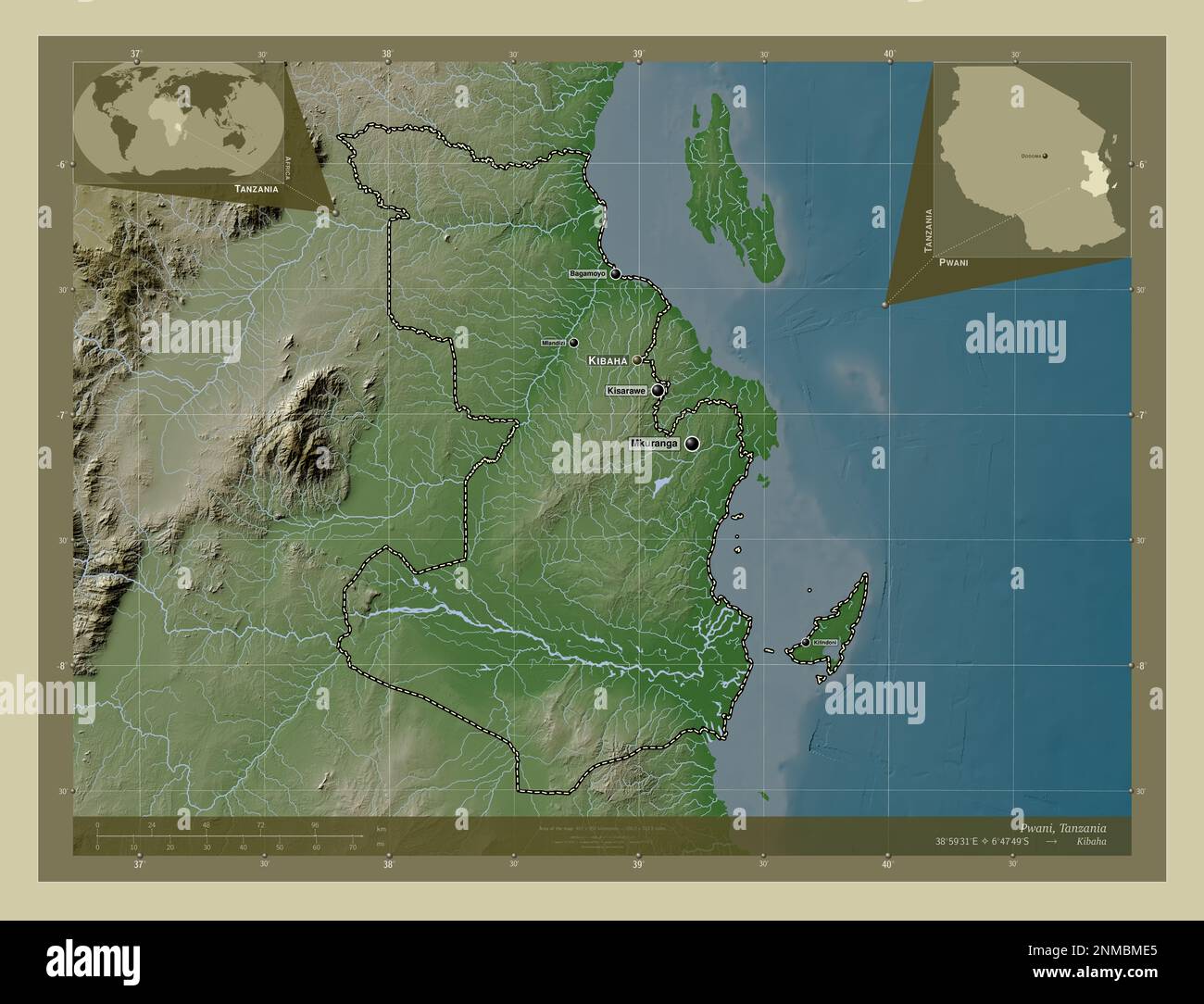 Pwani, region of Tanzania. Elevation map colored in wiki style with ...
