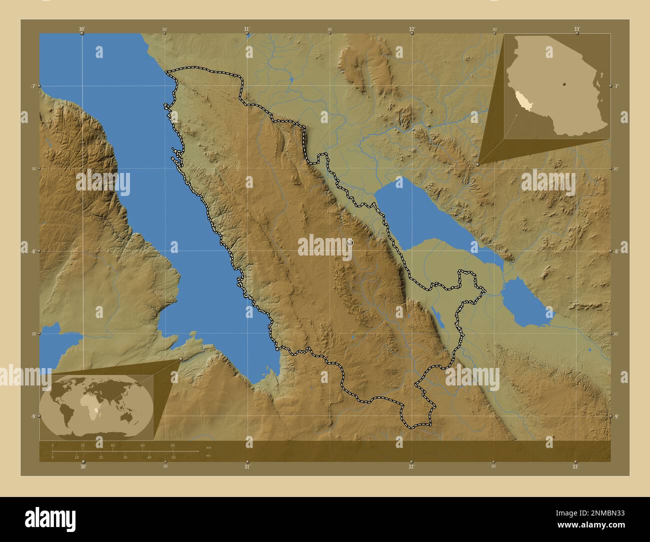 Rukwa, region of Tanzania. Colored elevation map with lakes and rivers ...