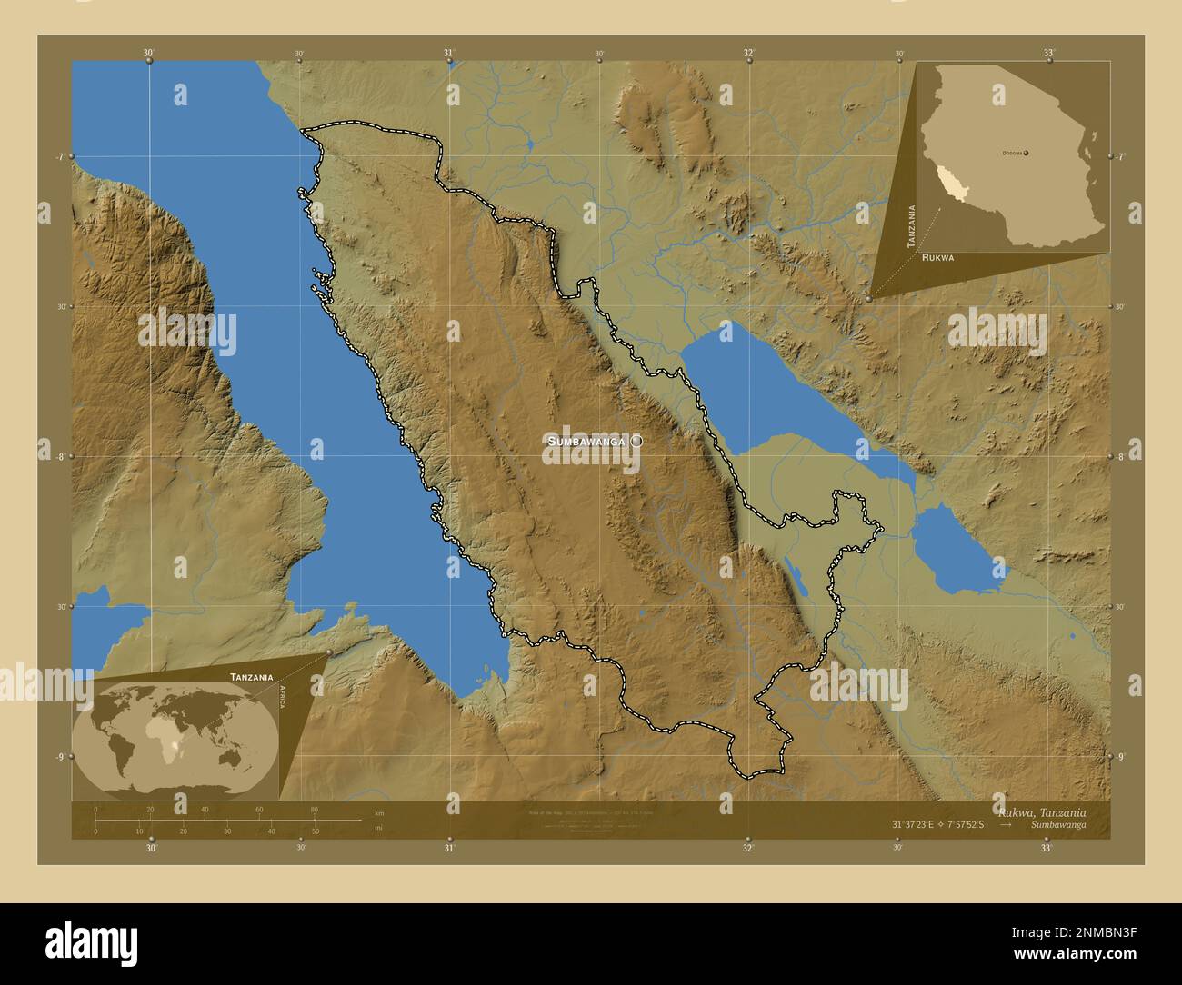 Rukwa, region of Tanzania. Colored elevation map with lakes and rivers ...