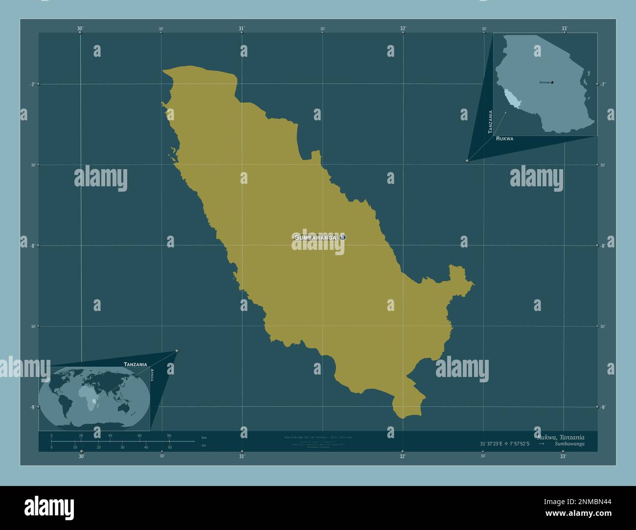 Rukwa, region of Tanzania. Solid color shape. Locations and names of ...