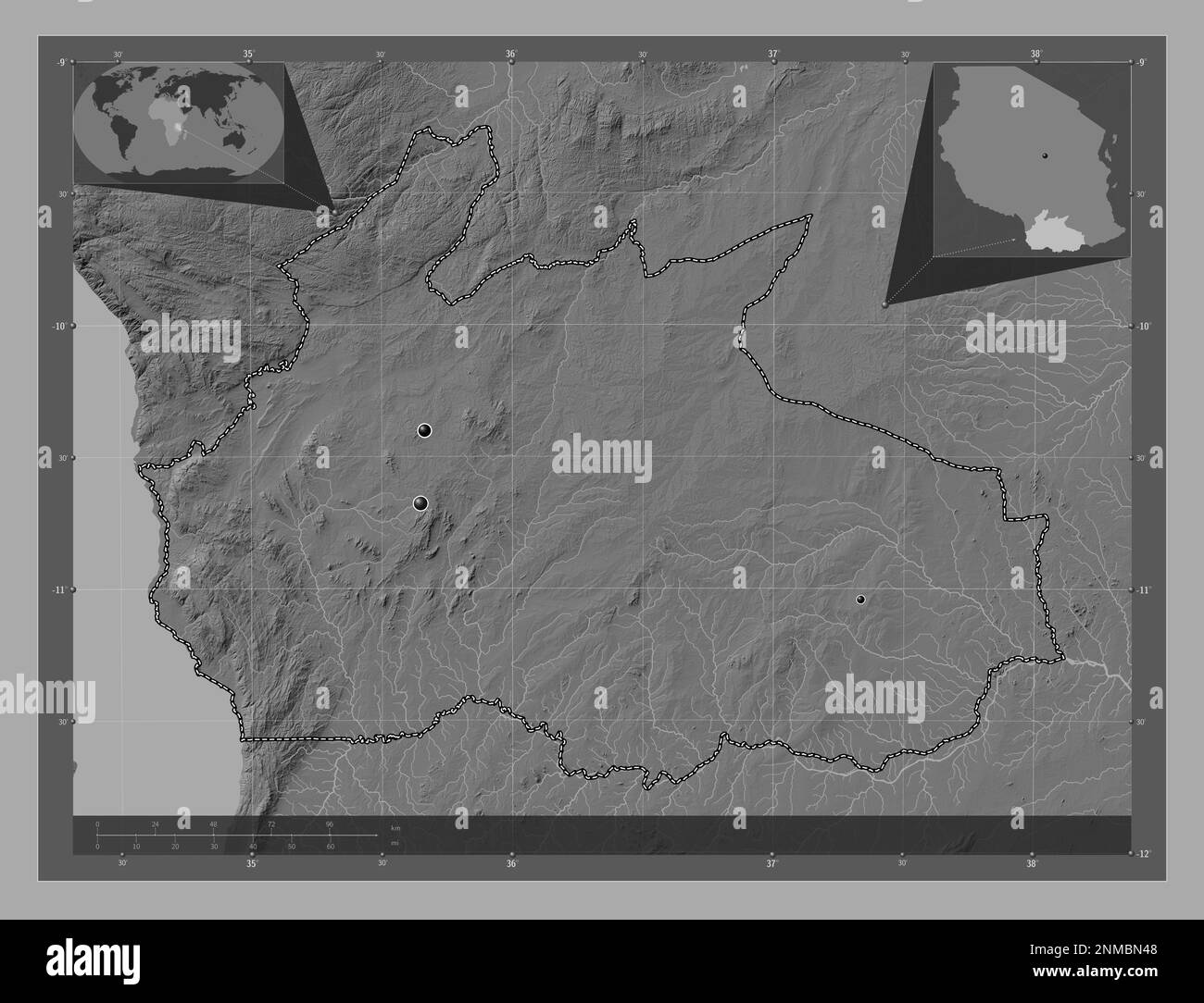 Ruvuma, region of Tanzania. Bilevel elevation map with lakes and rivers ...