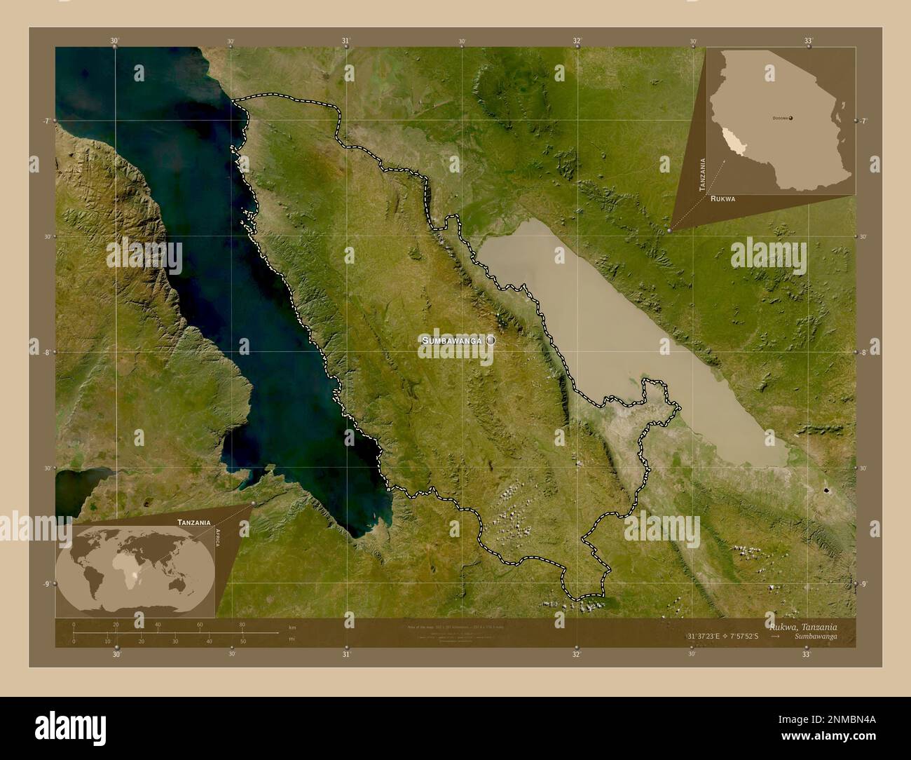 Rukwa, region of Tanzania. Low resolution satellite map. Locations and ...