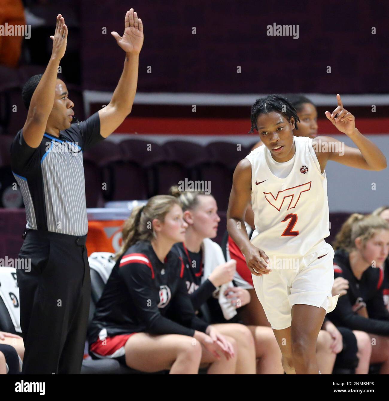 Virginia Tech's Aisha Sheppard (2) celebrates scoring a 3-point basket ...
