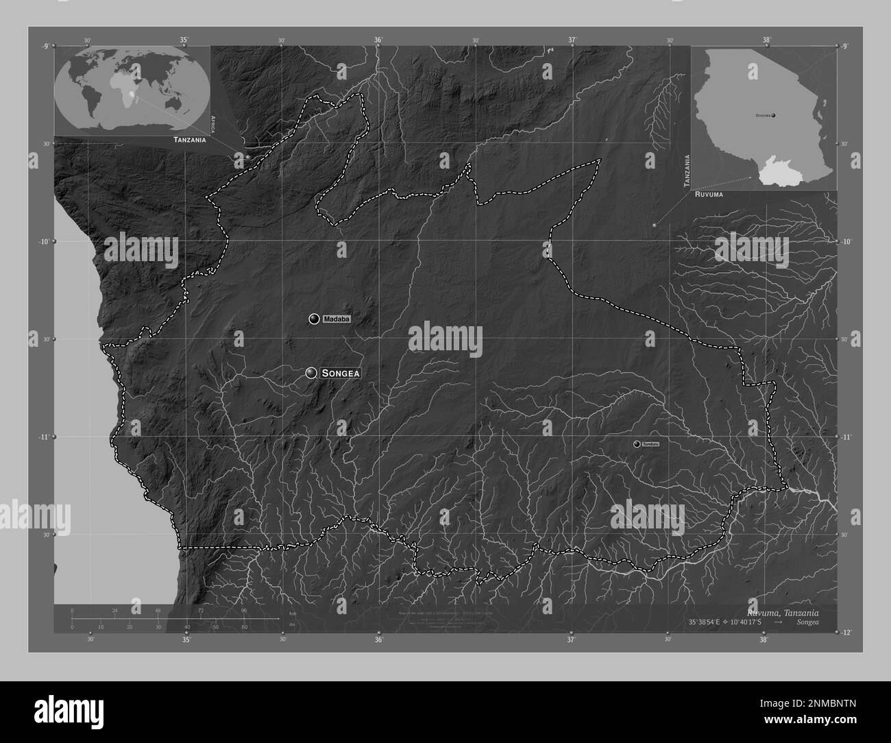 Ruvuma, region of Tanzania. Grayscale elevation map with lakes and ...
