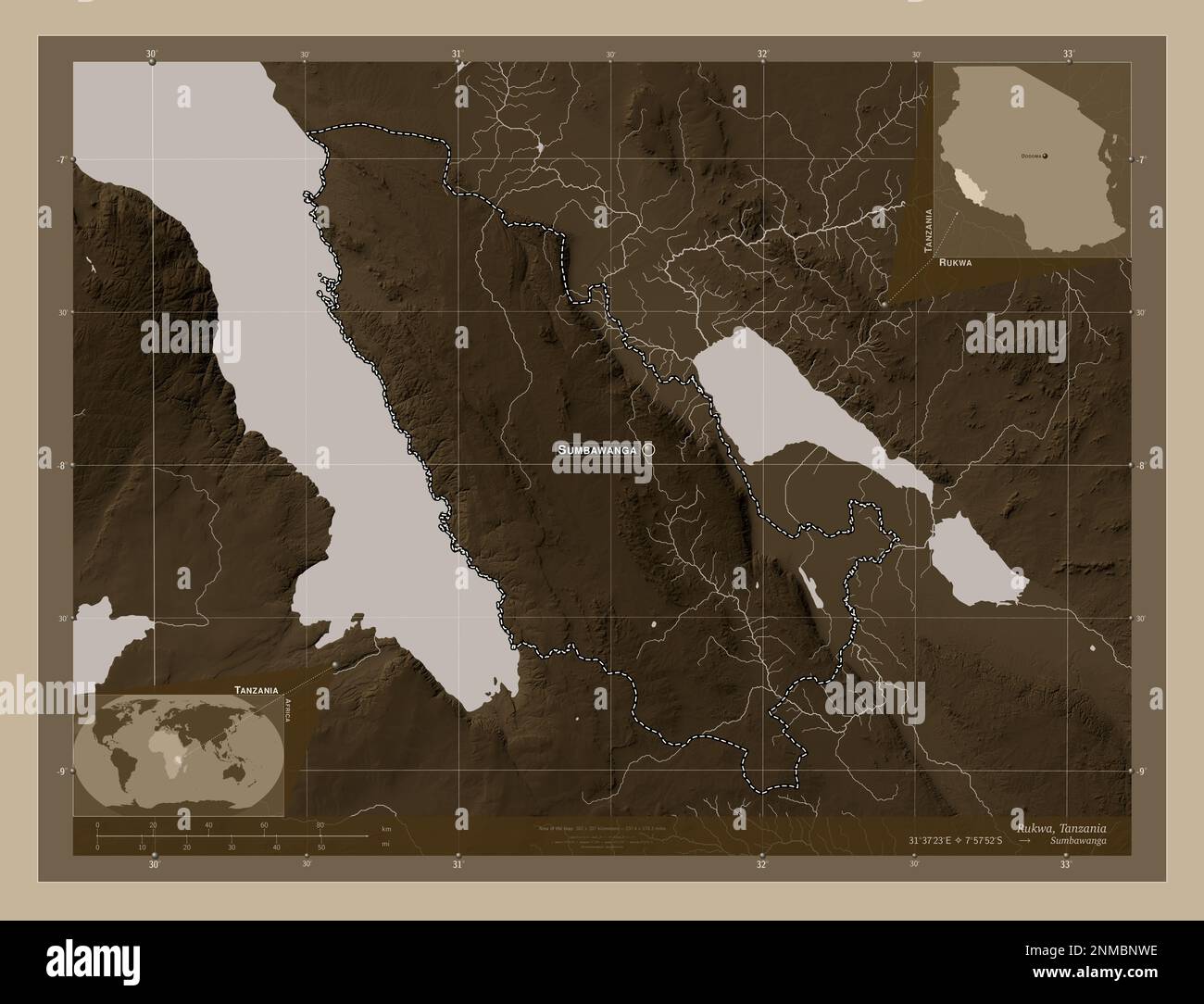 Rukwa, region of Tanzania. Elevation map colored in sepia tones with ...