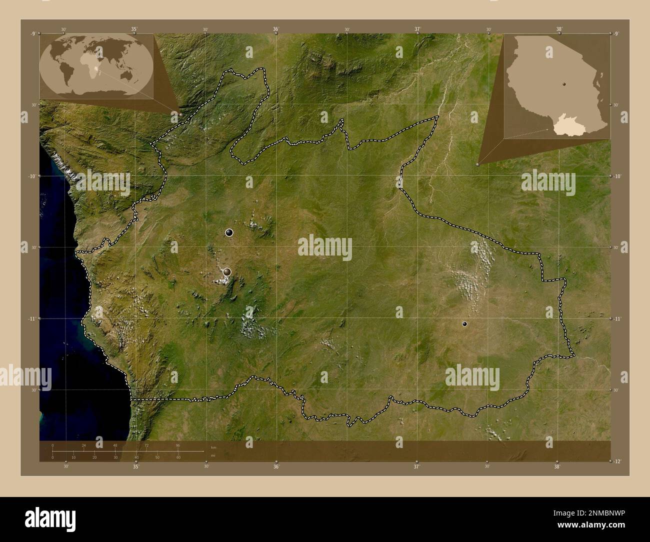 Ruvuma, region of Tanzania. Low resolution satellite map. Locations of ...