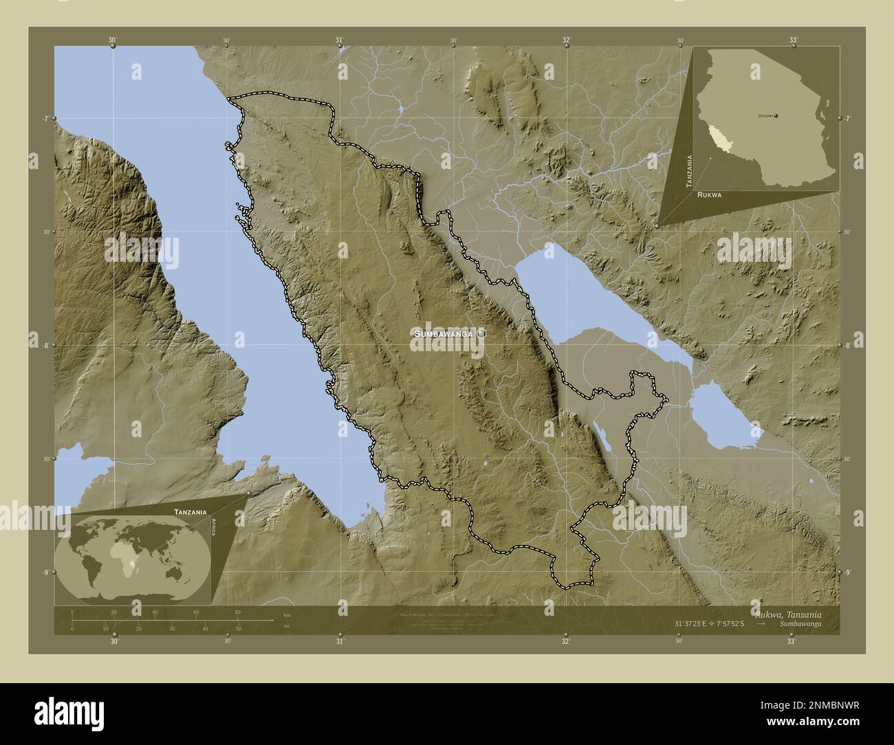 Rukwa, region of Tanzania. Elevation map colored in wiki style with ...