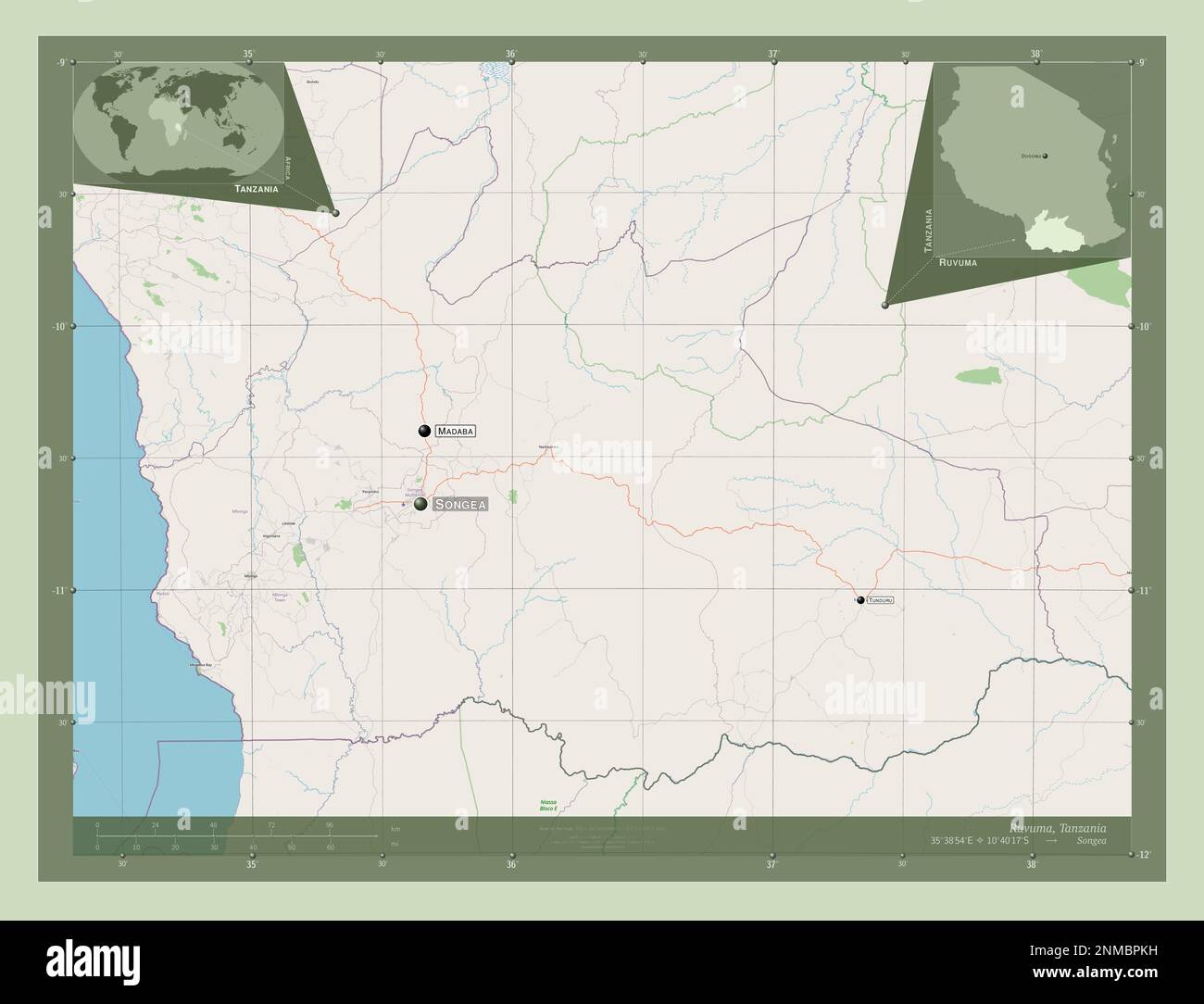 Ruvuma, region of Tanzania. Open Street Map. Locations and names of ...